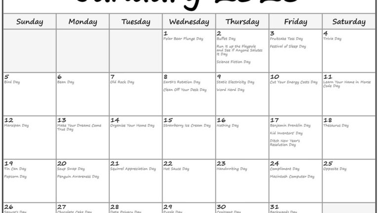 2025 Fun Calendar Days - Printable Free Templates