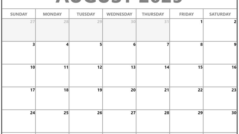 Blank Monthly Calendar Printable August 2025 - Printable Free Templates